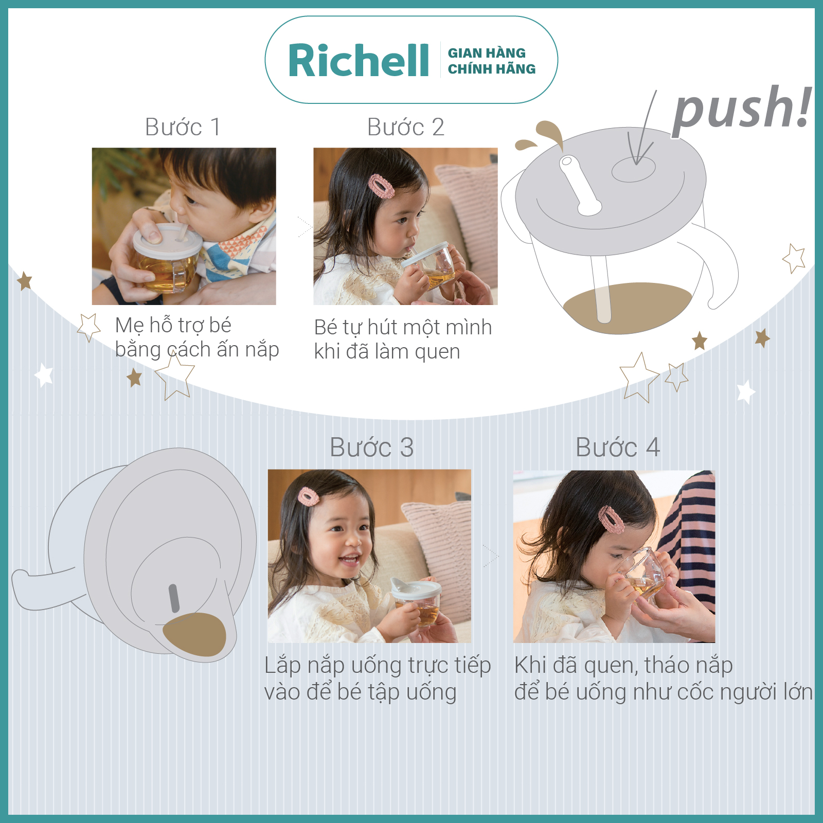 Bộ cốc tập uống 3 giai đoạn và nắp tập uống trực tiếp Axstars - Richell