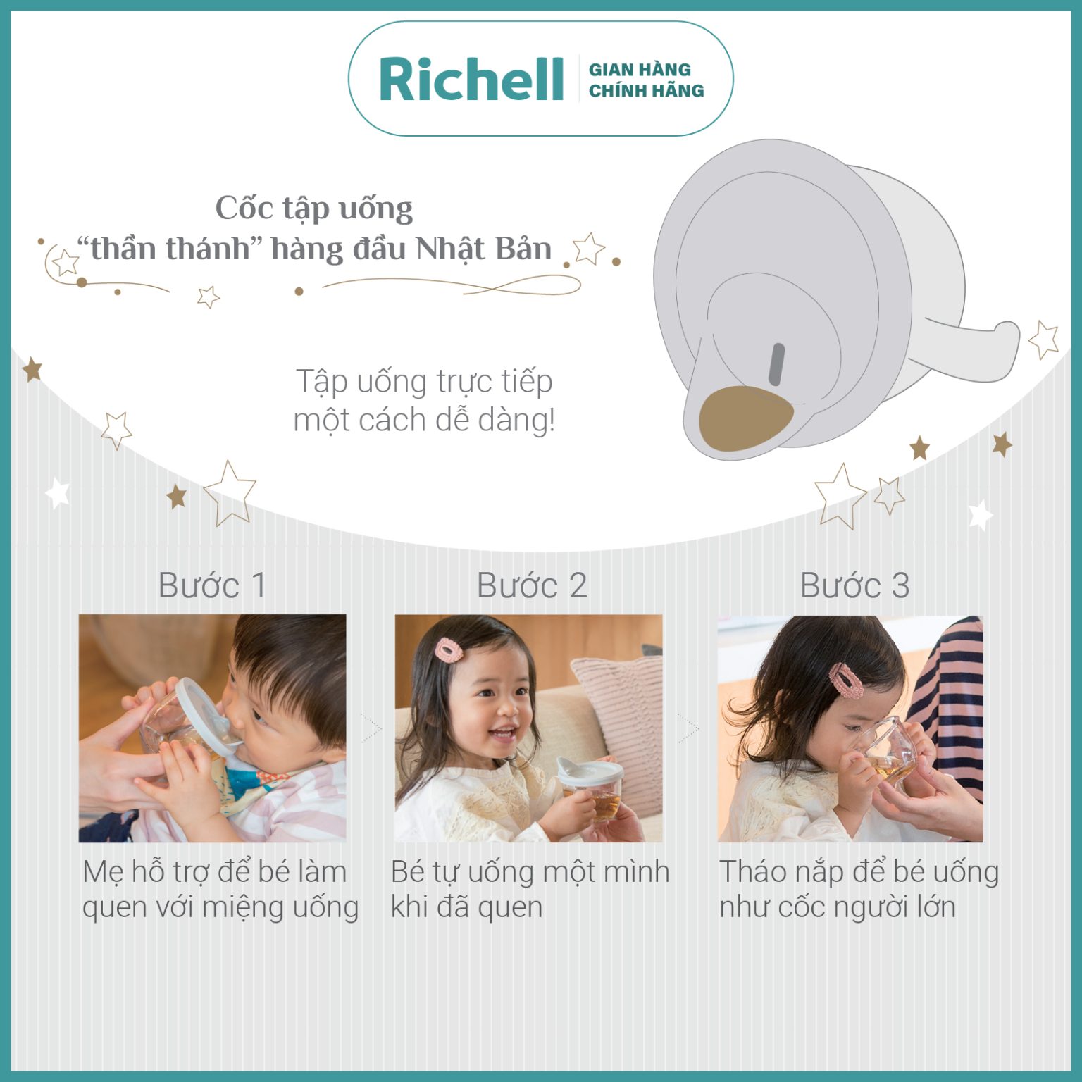 Bộ bình tập uống 3 bước TLI - Richell